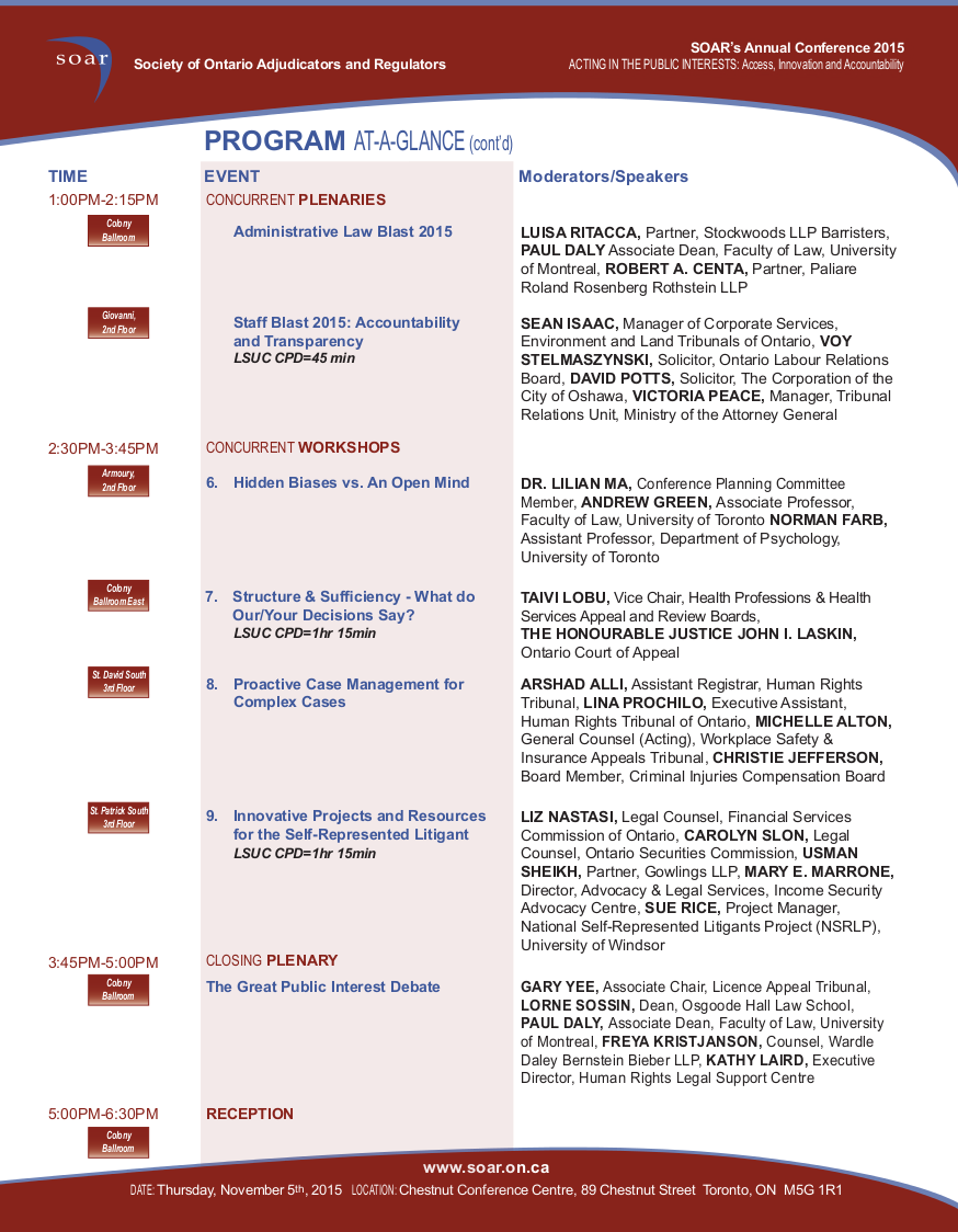 SOAR 2015 Annual Conference Program-at-a-glance | The Society of Ontario Adjudicators and Regulators